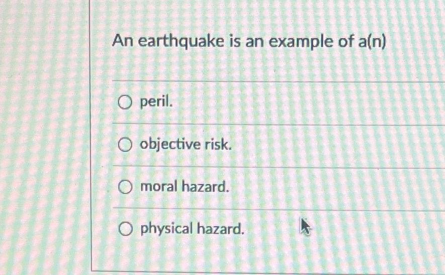 Solved An earthquake is an example of a(n)peril.objective | Chegg.com