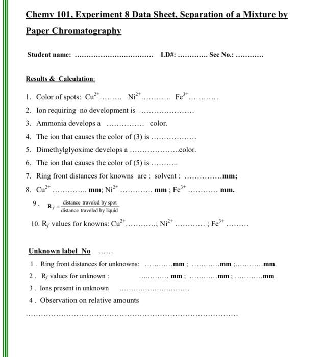 Solved Chemy 101, Experiment 8 Data Sheet, Separation of a | Chegg.com
