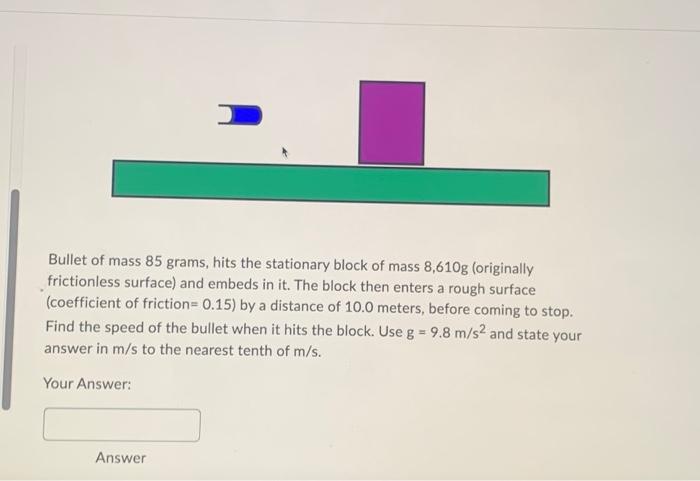 Solved Bullet of mass 85 grams, hits the stationary block of | Chegg.com