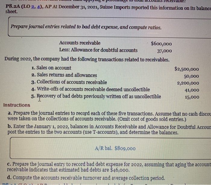 Solved P8.2A (LO 2, 4), AP At December 31, 2021, Suisse | Chegg.com