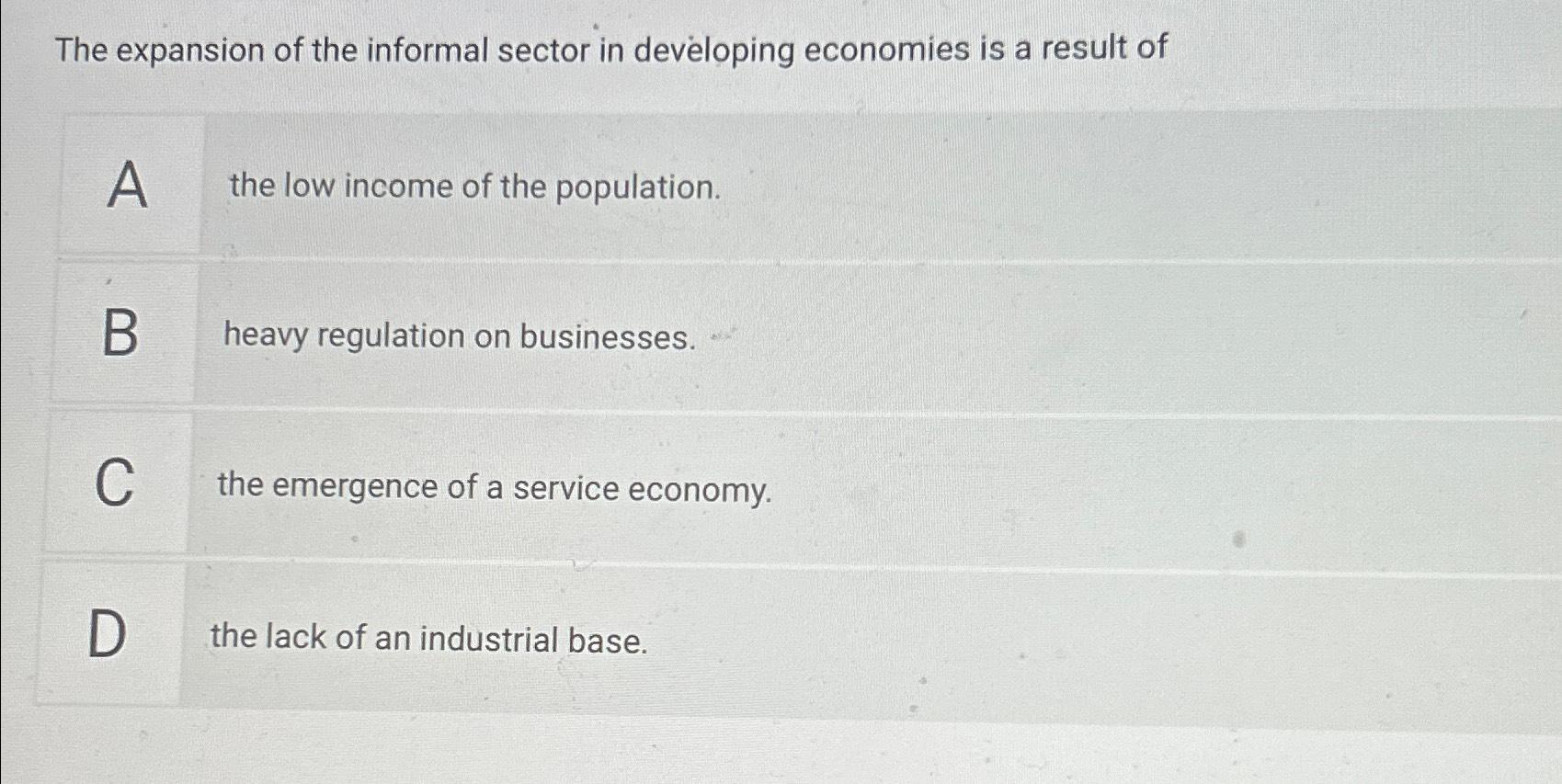 Solved The expansion of the informal sector in developing | Chegg.com