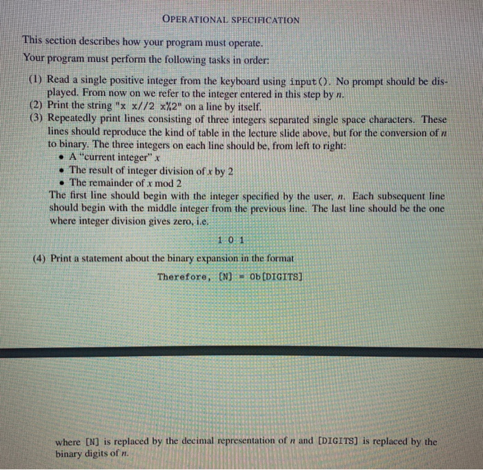Solved OPERATIONAL SPECIFICATION This section describes how | Chegg.com