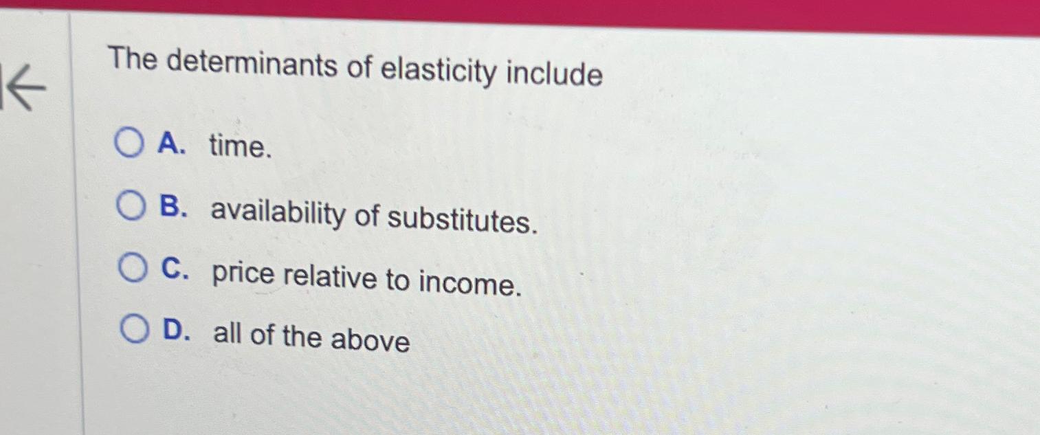 Solved The determinants of elasticity includeA. ﻿time.B. | Chegg.com