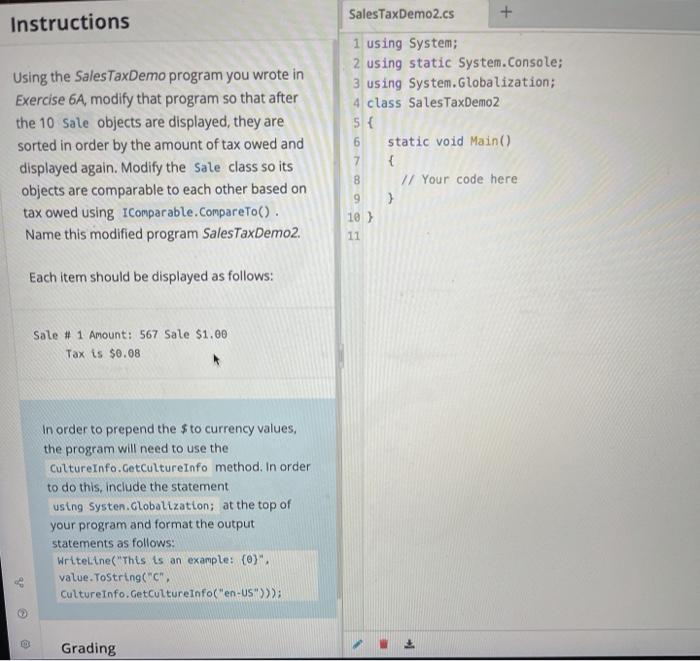 Instructions Sales TaxDemo2.cs + 1 using System; 2 | Chegg.com