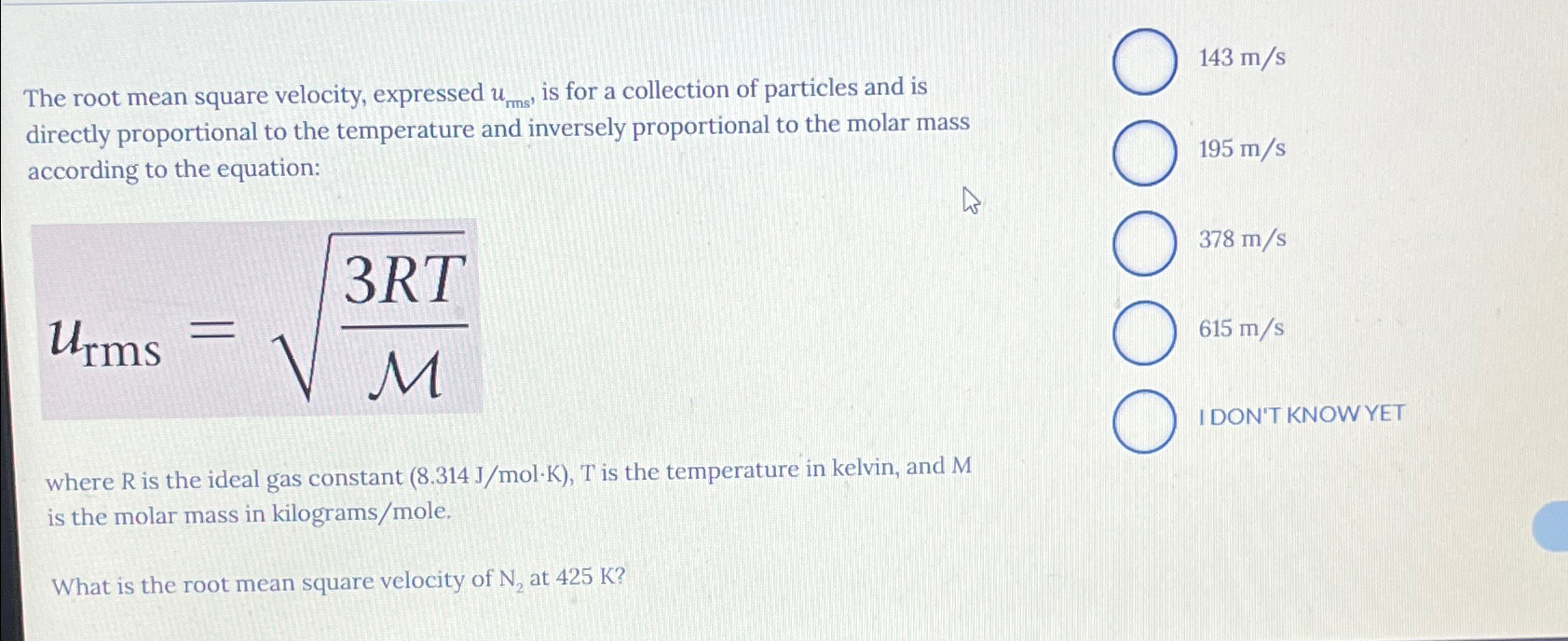 Solved The root mean square velocity, expressed urms , ﻿is | Chegg.com