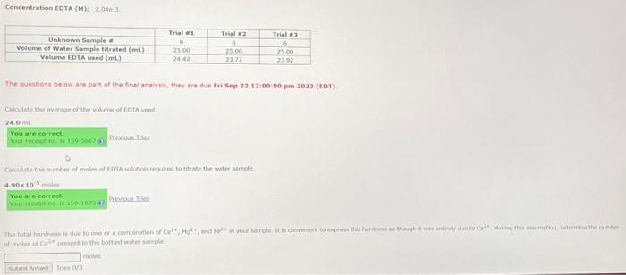 Solved Concentration EDTA (M): 2.04e-3 Unknown Sample # | Chegg.com