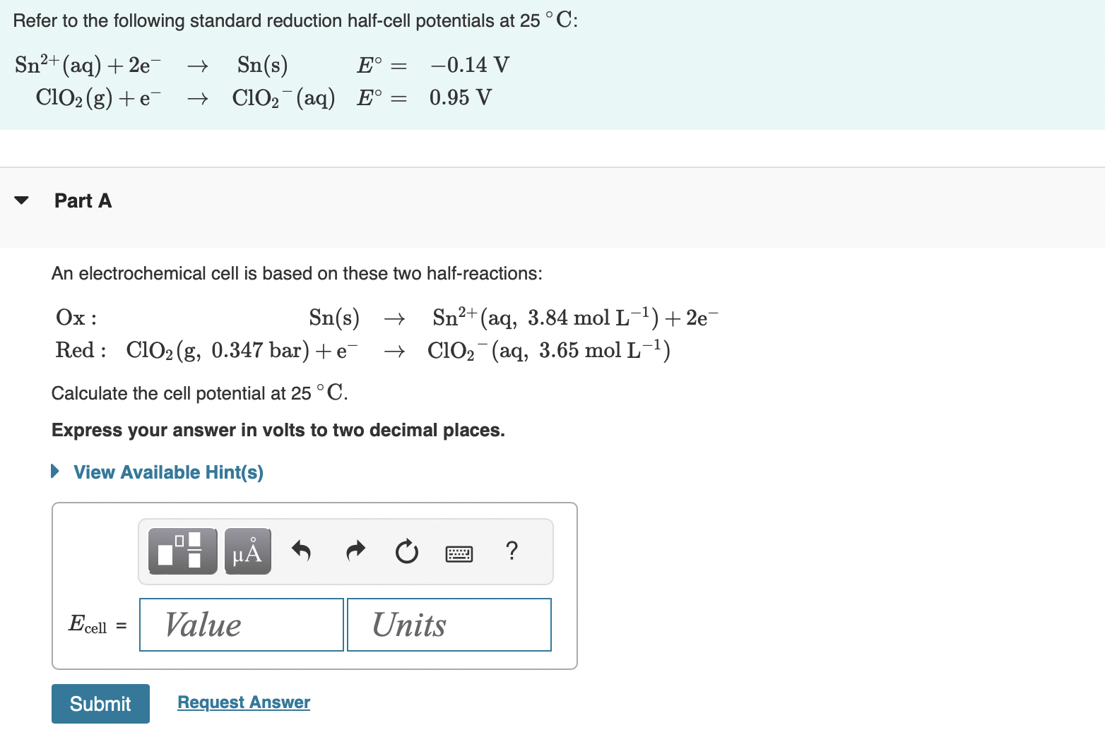Solved Refer to the following standard reduction half-cell | Chegg.com