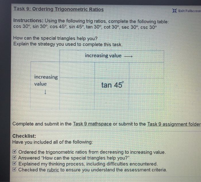 Solved Task 9: Ordering Trigonometric Ratios Exit Fullscreen | Chegg.com
