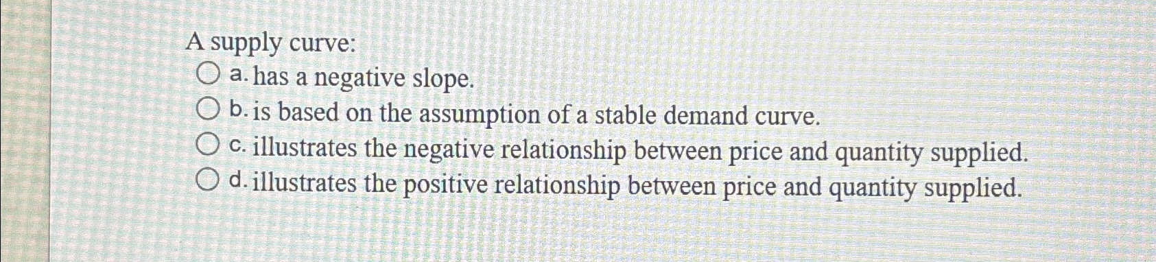 Solved A supply curve:a. ﻿has a negative slope.b. ﻿is based | Chegg.com