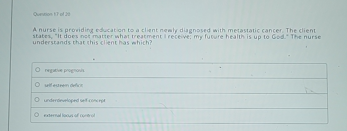 Solved Question 17 ﻿of 20A nurse is providing education to a | Chegg.com