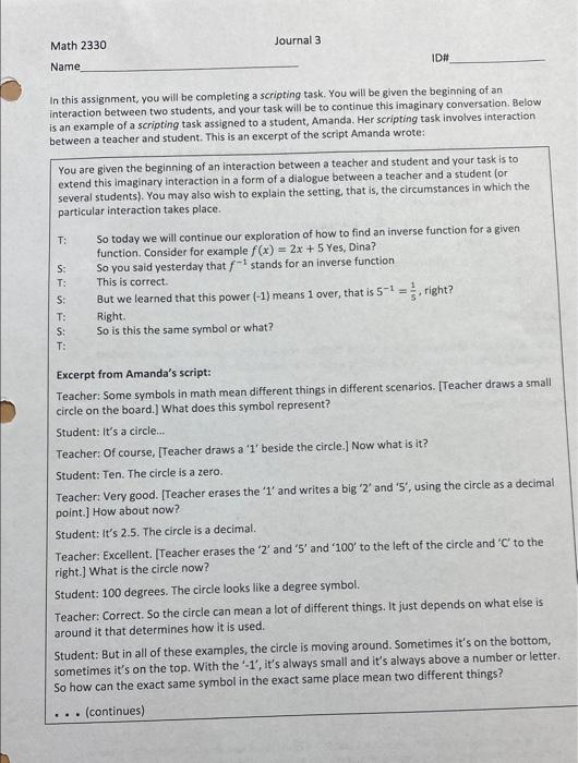 Solved Math 2330 Journal 3 Name In this assignment, you will | Chegg.com