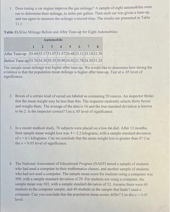 Solved 1. Does tuning a car engine improve the gas mileage? | Chegg.com