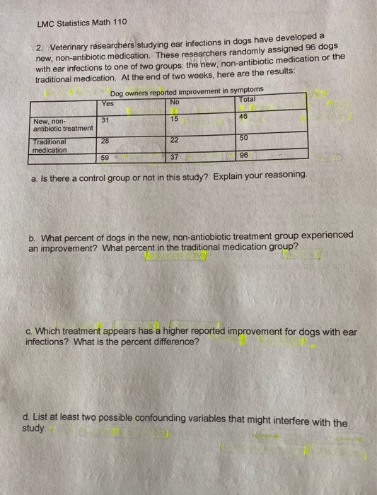Solved LMC Statistics Math 110 2 Veterinary researchers | Chegg.com