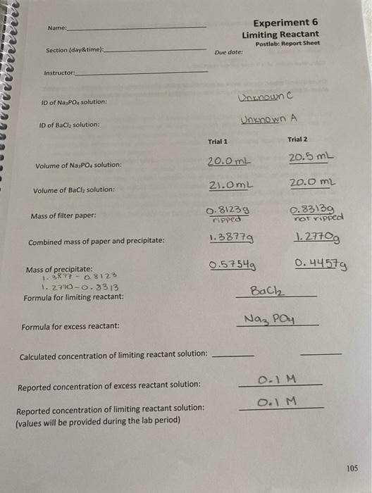 Solved Name: Experiment 6 Limiting Reactant Postia: Report | Chegg.com