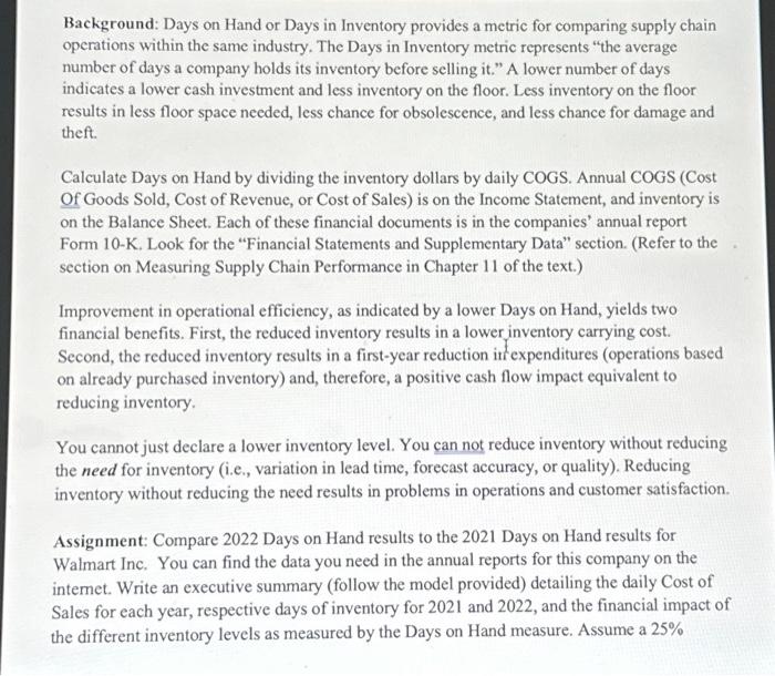 Solved Background: Days on Hand or Days in Inventory | Chegg.com