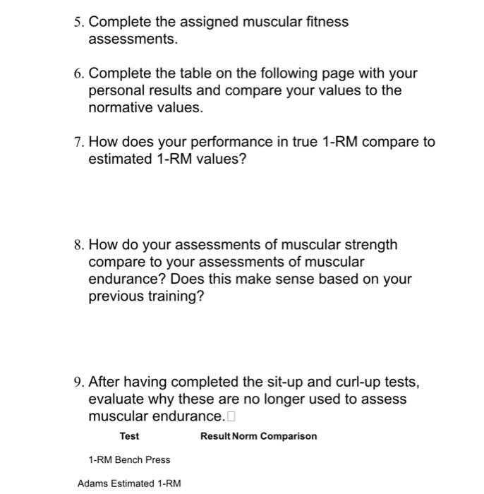5. Complete the assigned muscular fitness | Chegg.com