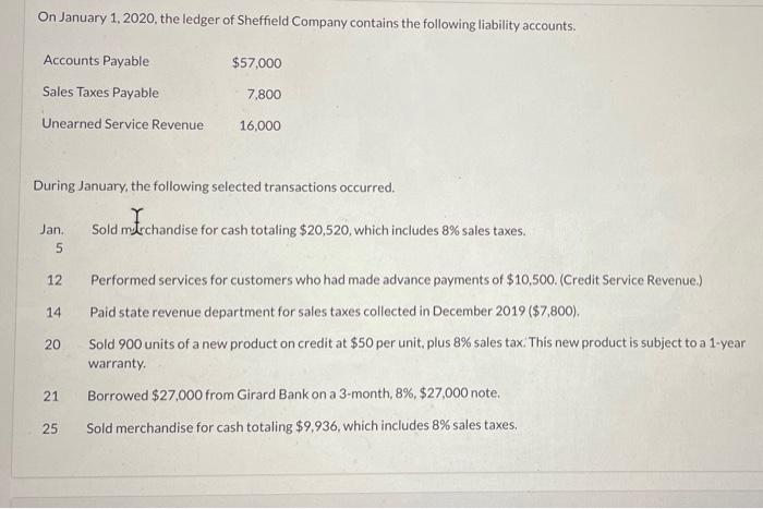 Solved On January 1, 2020, the ledger of Sheffield Company | Chegg.com