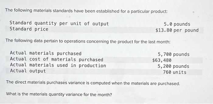 Solved The following materials standards have been | Chegg.com