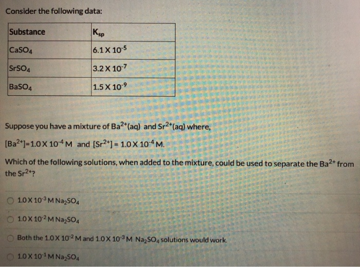 Solved Consider the following data: Substance Ksp 6.1 X 105 | Chegg.com
