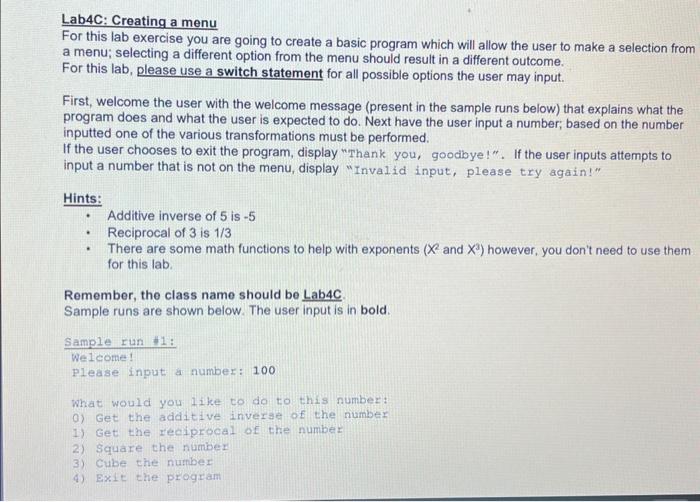 Solved Lab4C: Creating a menu For this lab exercise you are | Chegg.com