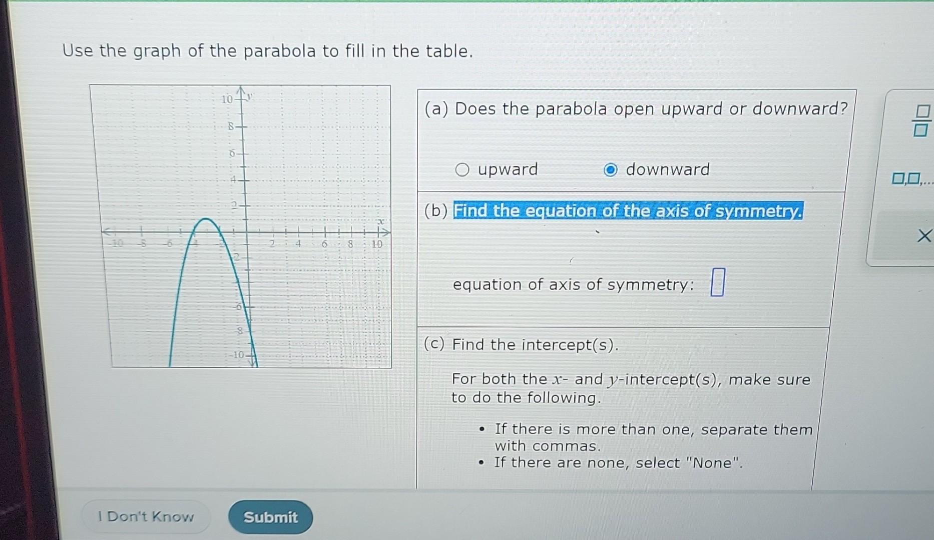 Solved Use the graph of the parabola to fill in the table. | Chegg.com