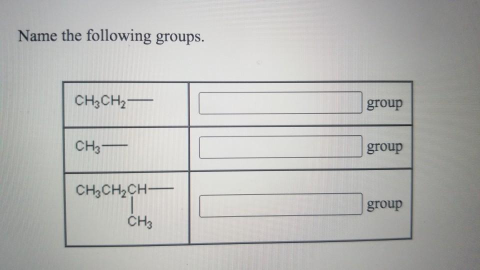 Solved Name the following groups. CH3CH2 - group CH3 — group | Chegg.com