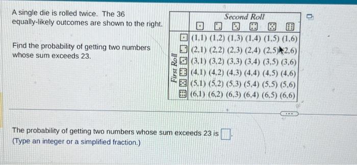 Solved A single die is rolled twice. The 36 equally-likely | Chegg.com