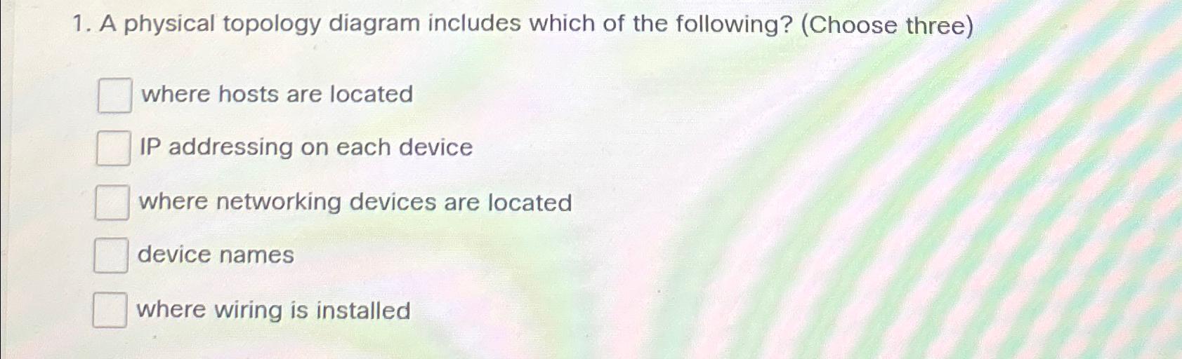Solved A physical topology diagram includes which of the | Chegg.com