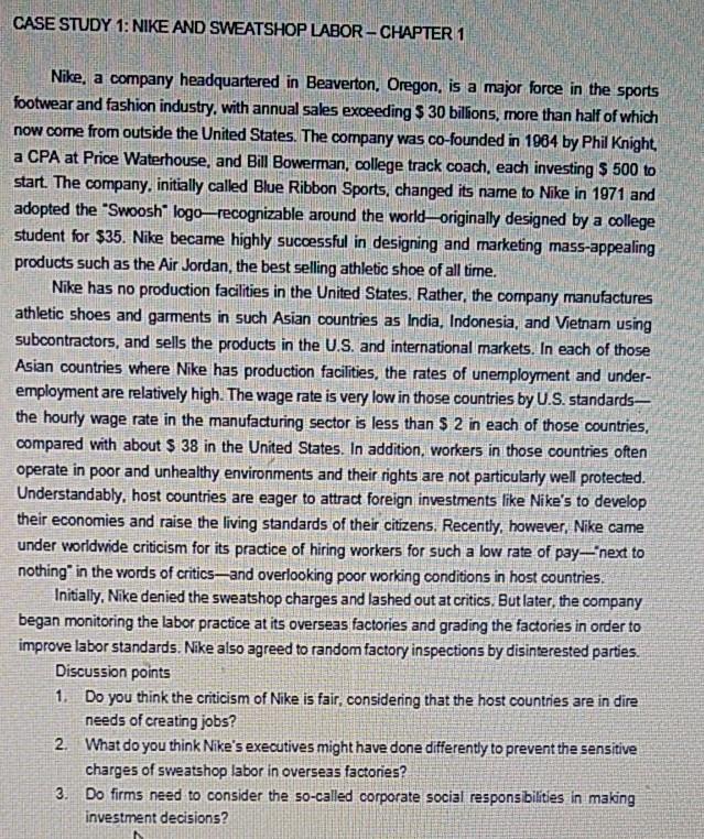 Solved CASE STUDY 1: NIKE AND SWEATSHOP LABOR-CHAPTER 1 | Chegg.com