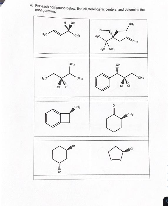 Solved 4. For each compound below, find all stereogenic | Chegg.com