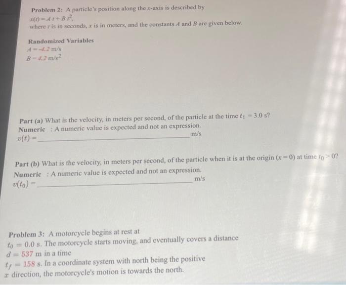 Solved Problem 2: A particle's position along the x-axis is | Chegg.com