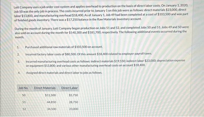 Solved Lott Company uses a job order cost system and applies | Chegg.com