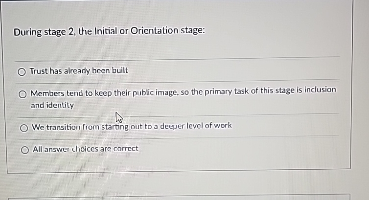 Solved During stage 2, ﻿the Initial or Orientation | Chegg.com