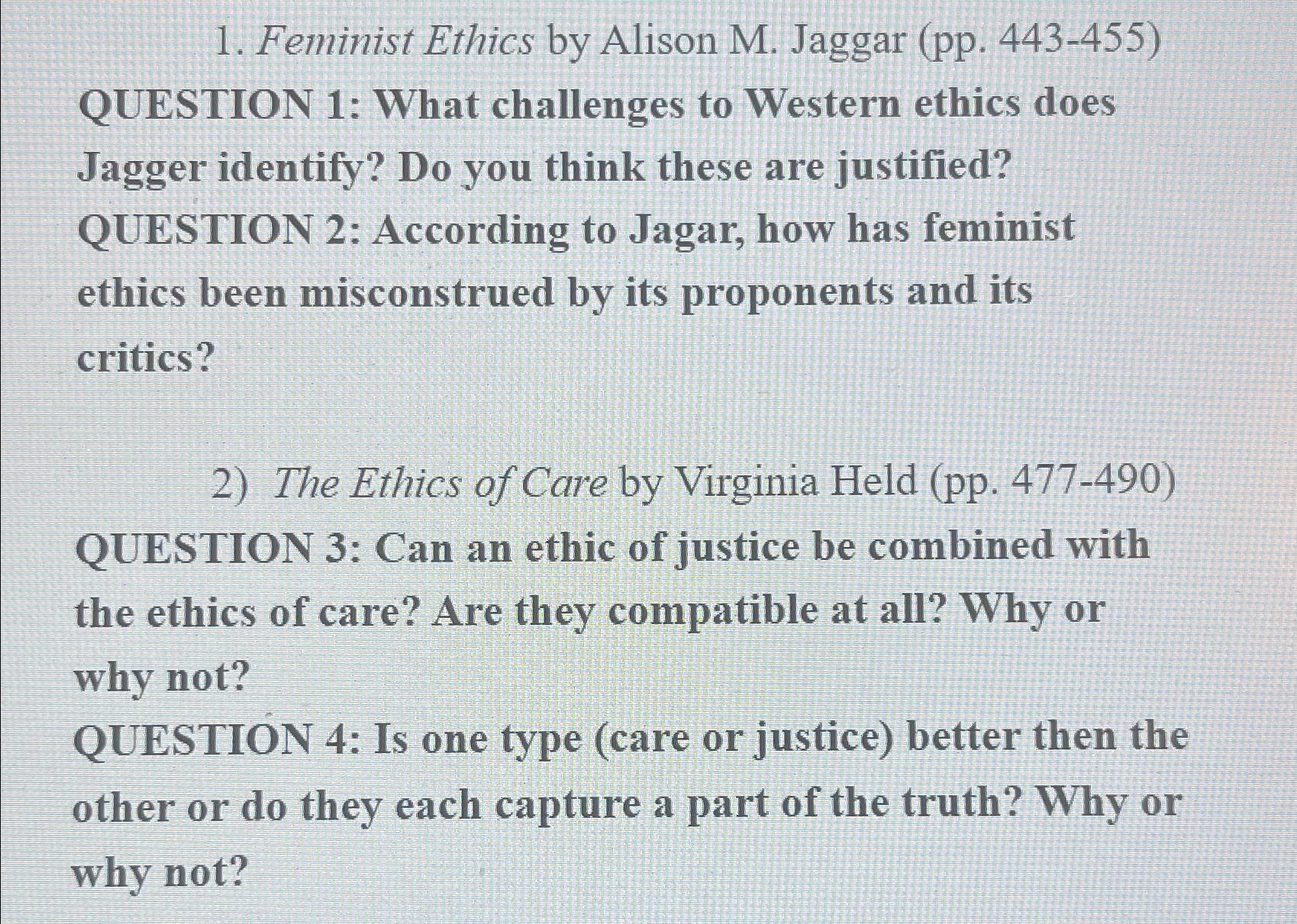 Solved Feminist Ethics by Alison M. ﻿Jaggar (pp. 443-455) | Chegg.com