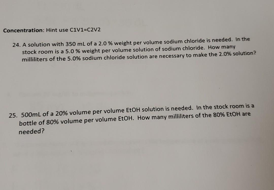 Solved Concentration: Hint use C1V1=C2V2 24. A solution with | Chegg.com