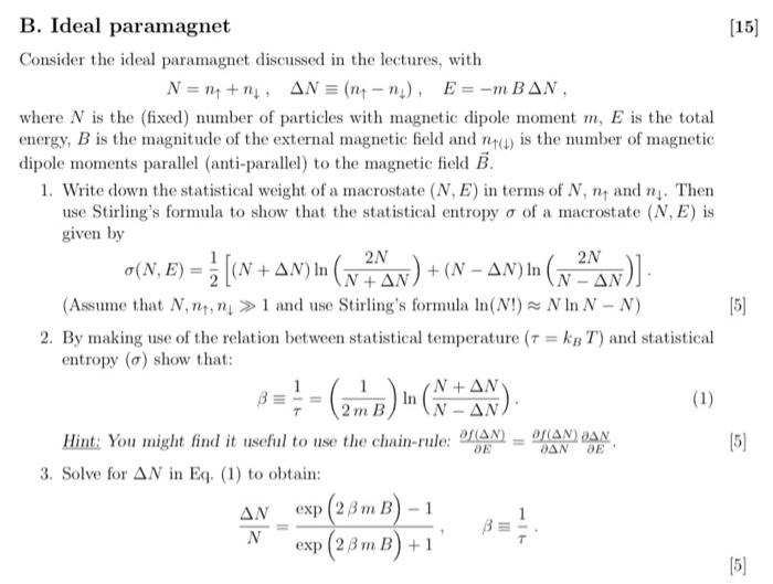 Solved [15] 2N 2N B. Ideal paramagnet Consider the ideal | Chegg.com