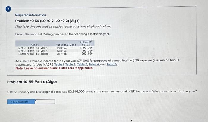 Solved Required information Problem 10-59 (LO 10-2, LO 10-3) | Chegg.com