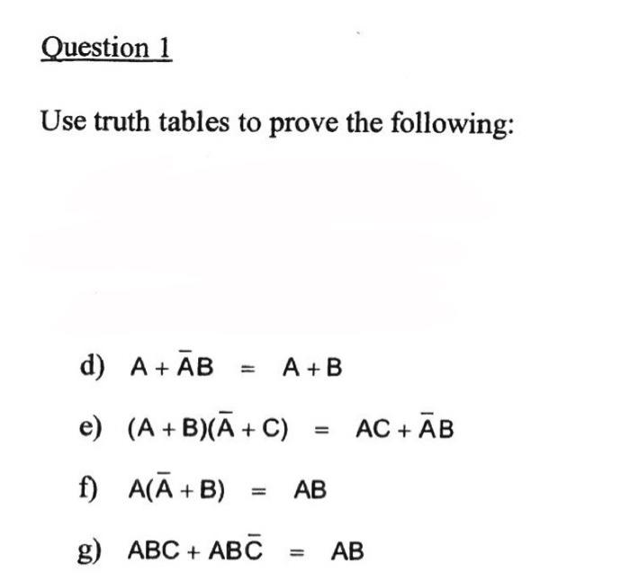 Solved Use truth tables to prove the following: d) A+AˉB=A+B | Chegg.com