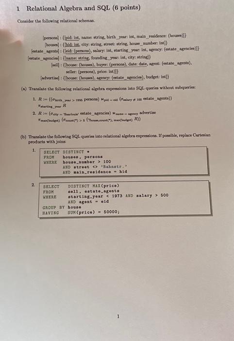 Solved 1 Relational Algebra and SQL (6 points) Conslder the | Chegg.com