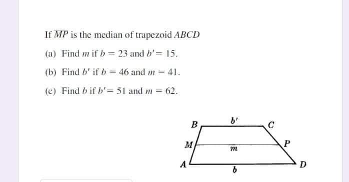 Solved If MP is the median of trapezoid ABCD (a) Find m if | Chegg.com