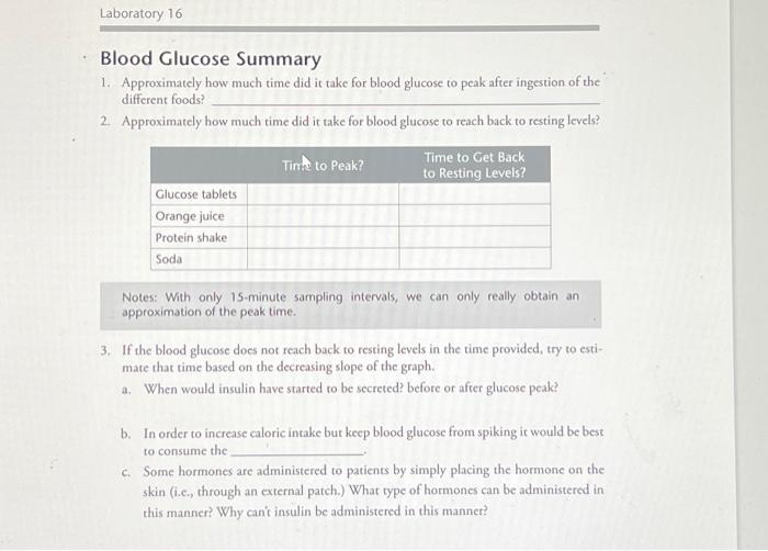 Laboratory 16 Blood Glucose Summary 1. Approximately | Chegg.com