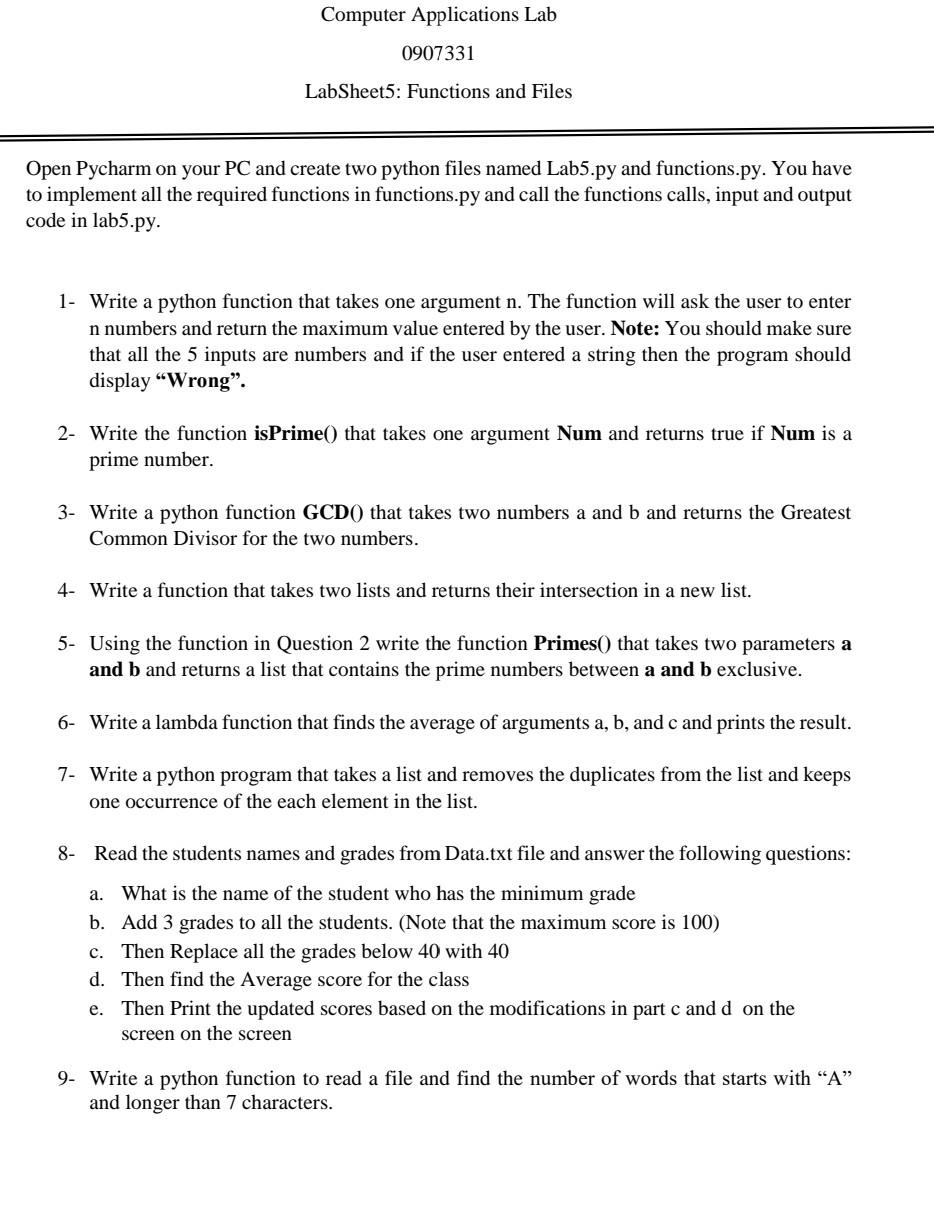 Solved Computer Applications Lab 0907331 Lab Sheet5: | Chegg.com