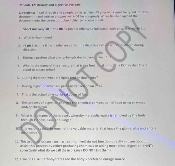 Solved Module 12: Urinary and digestive Systems. Directions: | Chegg.com