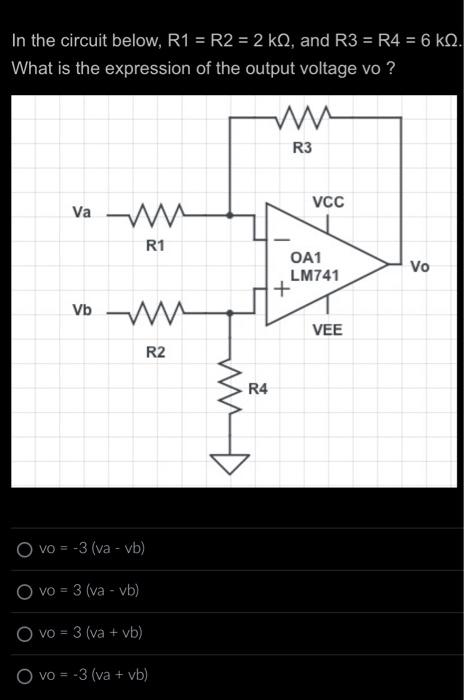 Solved In the circuit below, R1=R2=2kΩ, and R3=R4=6kΩ. What | Chegg.com