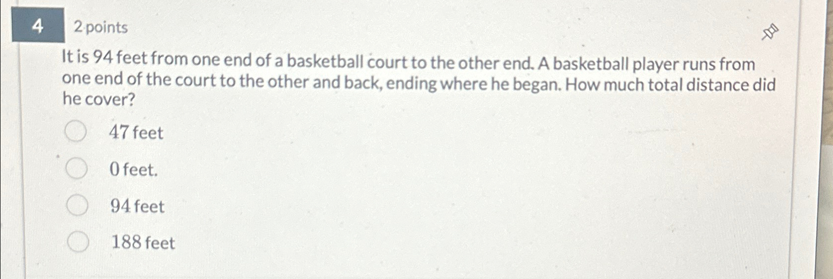 Solved It is 94 ﻿feet from one end of a basketball court to | Chegg.com