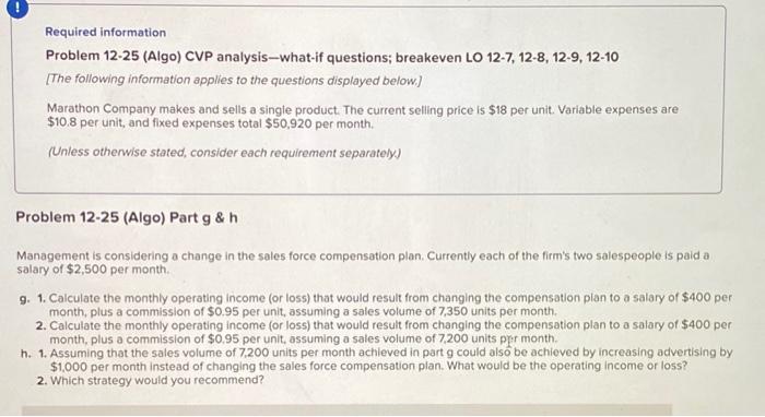 Solved Required information Problem 12-25 (Algo) CVP | Chegg.com