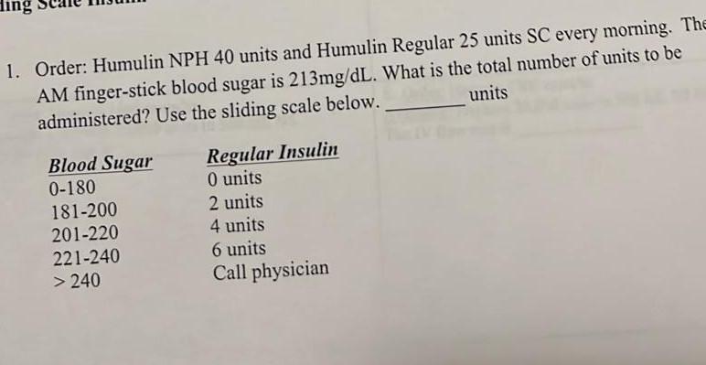 Solved 1. Order: Humulin NPH 40 units and Humulin Regular 25 | Chegg.com