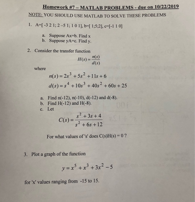 Solved Homework #7 - MATLAB PROBLEMS - due on 10/22/2019 | Chegg.com