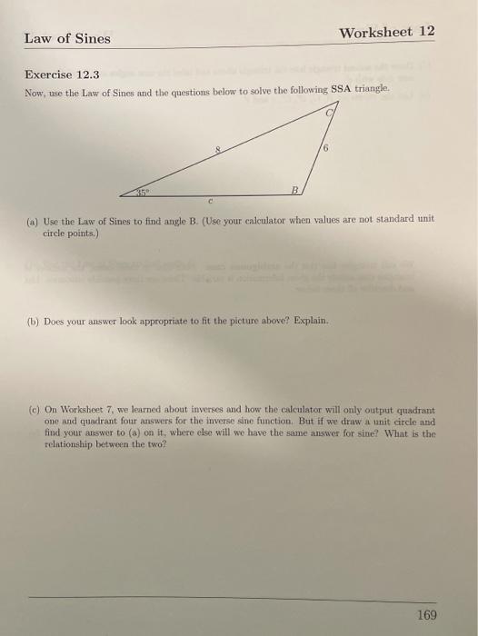 Solved Law of Sines Worksheet 12 Exercise 12.3 Now, use the | Chegg.com