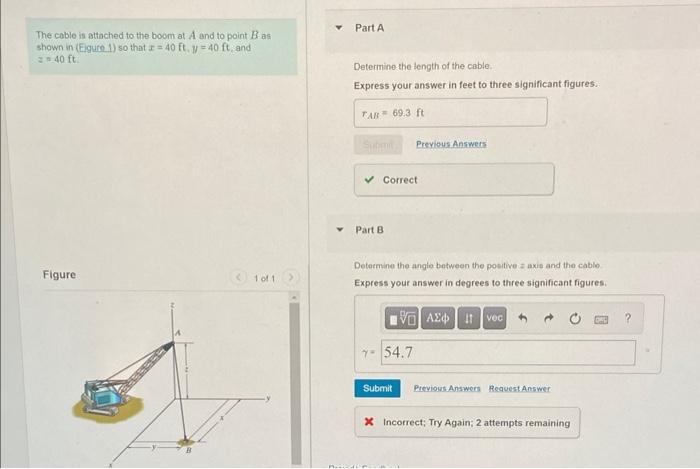 Solved The cable is attached to the boom at A and to point B | Chegg.com